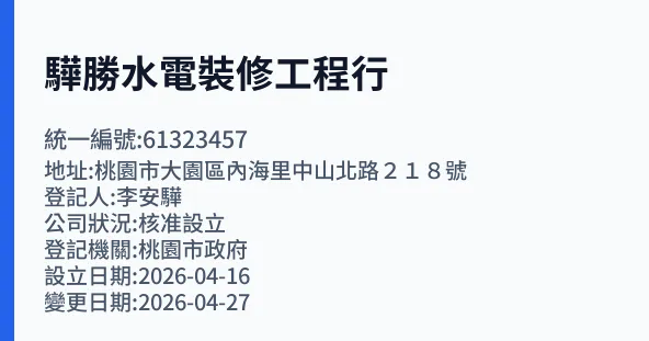 驊勝水電裝修工程行的照片-統編 61323457(桃園市) 公司登記資料與營業項目詳細圖表