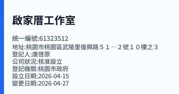 啟家厝工作室的照片-統編 61323512(桃園市) 公司登記資料與營業項目詳細圖表