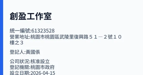 創盈工作室的照片-統編 61323528(桃園市) 公司登記資料與營業項目詳細圖表