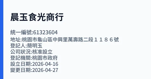 晨玉食光商行的照片-統編 61323604(桃園市) 公司登記資料與營業項目詳細圖表