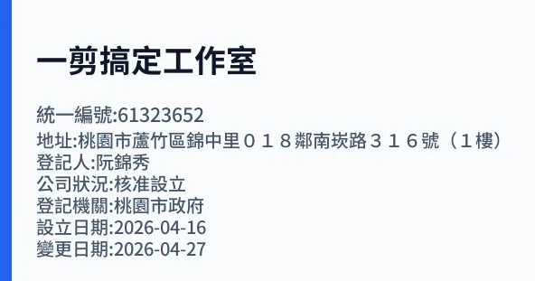 一剪搞定工作室的照片-統編 61323652(桃園市) 公司登記資料與營業項目詳細圖表