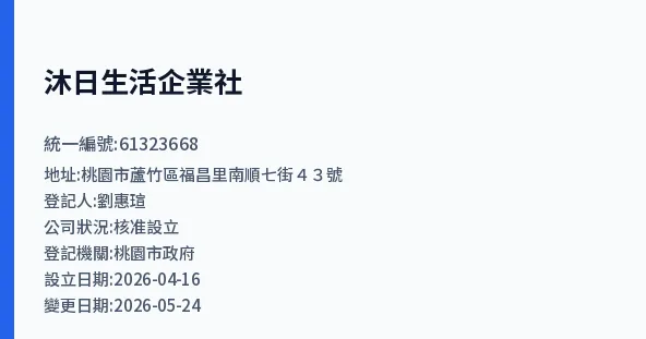 沐日生活企業社的照片-統編 61323668(桃園市) 公司登記資料與營業項目詳細圖表