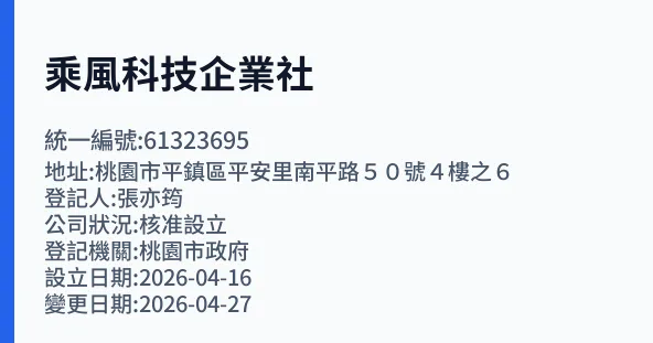乘風科技企業社的照片-統編 61323695(桃園市) 公司登記資料與營業項目詳細圖表