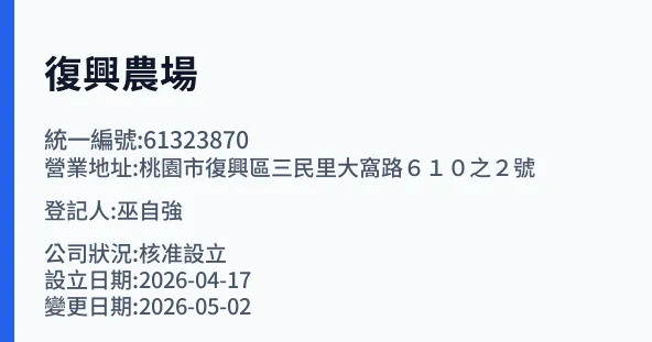 復興農場的照片-統編 61323870(桃園市) 公司登記資料與營業項目詳細圖表