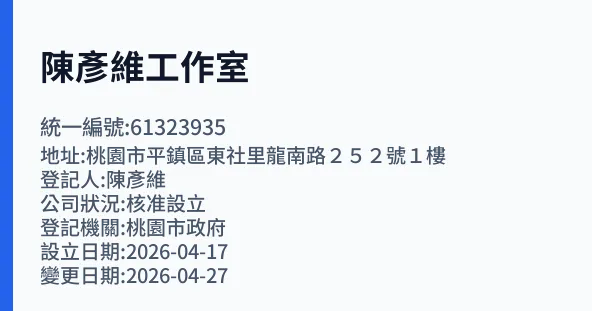 陳彥維工作室的照片-統編 61323935(桃園市) 公司登記資料與營業項目詳細圖表