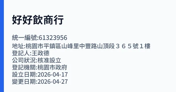 好好飲商行的照片-統編 61323956(桃園市) 公司登記資料與營業項目詳細圖表