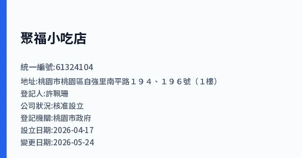 聚福小吃店的照片-統編 61324104(桃園市) 公司登記資料與營業項目詳細圖表