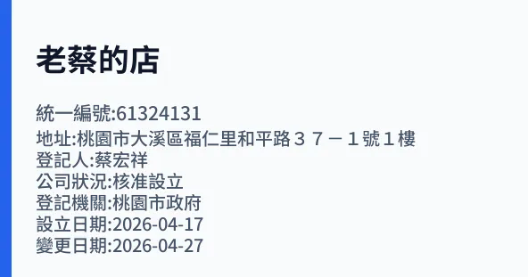 老蔡的店的照片-統編 61324131(桃園市) 公司登記資料與營業項目詳細圖表