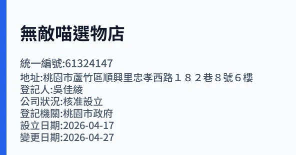無敵喵選物店的照片-統編 61324147(桃園市) 公司登記資料與營業項目詳細圖表