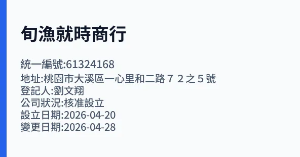 旬漁就時商行的照片-統編 61324168(桃園市) 公司登記資料與營業項目詳細圖表