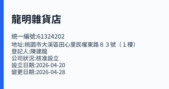 龍明雜貨店的照片-統編 61324202(桃園市) 公司登記資料與營業項目詳細圖表