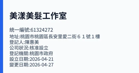 美漾美髮工作室的照片-統編 61324272(桃園市) 公司登記資料與營業項目詳細圖表