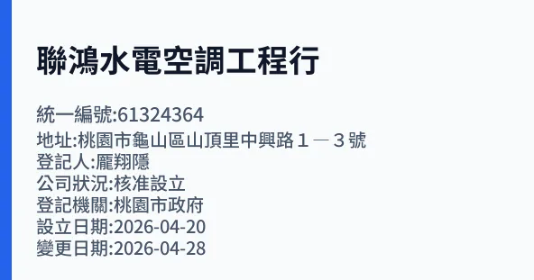 聯鴻水電空調工程行的照片-統編 61324364(桃園市) 公司登記資料與營業項目詳細圖表