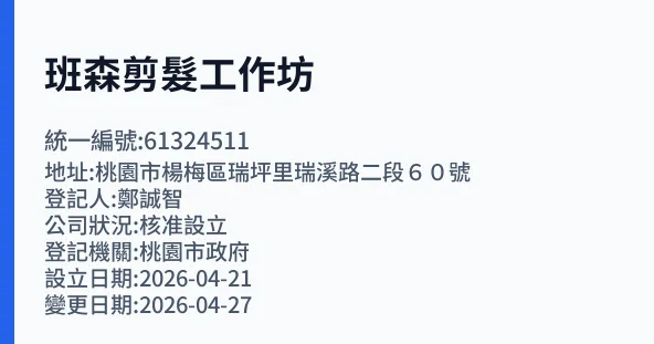 班森剪髮工作坊的照片-統編 61324511(桃園市) 公司登記資料與營業項目詳細圖表