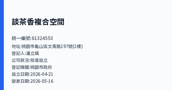 談茶香複合空間的照片-統編 61324553(桃園市) 公司登記資料與營業項目詳細圖表