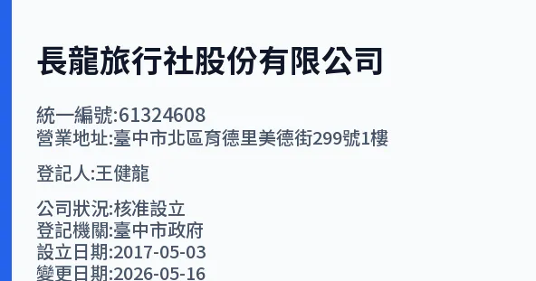 長龍旅行社股份有限公司的照片-統編 61324608(臺中市) 公司登記資料與營業項目詳細圖表