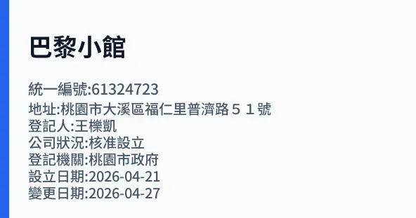 巴黎小館的照片-統編 61324723(桃園市) 公司登記資料與營業項目詳細圖表