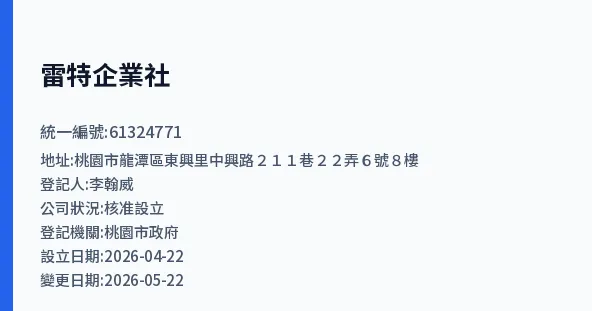 雷特企業社的照片-統編 61324771(桃園市) 公司登記資料與營業項目詳細圖表