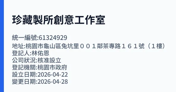 珍藏製所創意工作室的照片-統編 61324929(桃園市) 公司登記資料與營業項目詳細圖表