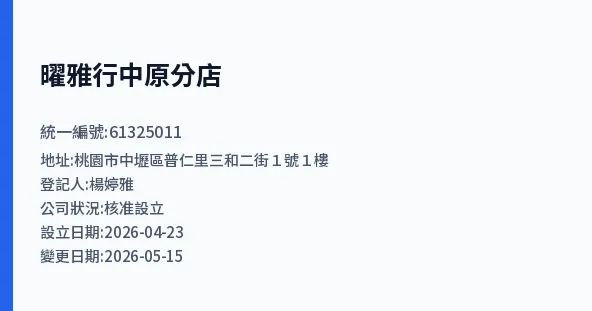 曜雅行中原分店的照片-統編 61325011(桃園市) 公司登記資料與營業項目詳細圖表