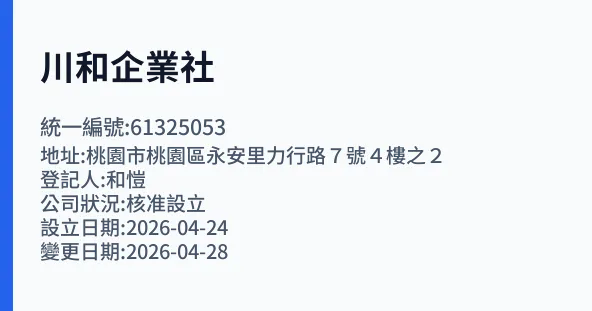 川和企業社的照片-統編 61325053(桃園市) 公司登記資料與營業項目詳細圖表