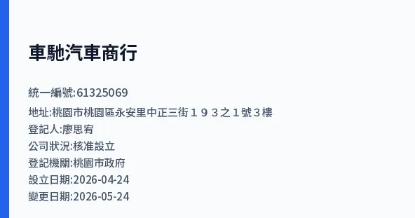 車馳汽車商行的照片-統編 61325069(桃園市) 公司登記資料與營業項目詳細圖表