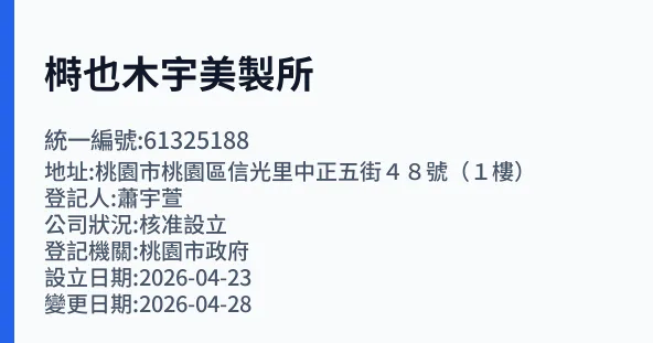 榯也木宇美製所的照片-統編 61325188(桃園市) 公司登記資料與營業項目詳細圖表
