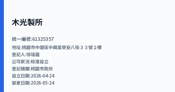 木光製所的照片-統編 61325357(桃園市) 公司登記資料與營業項目詳細圖表