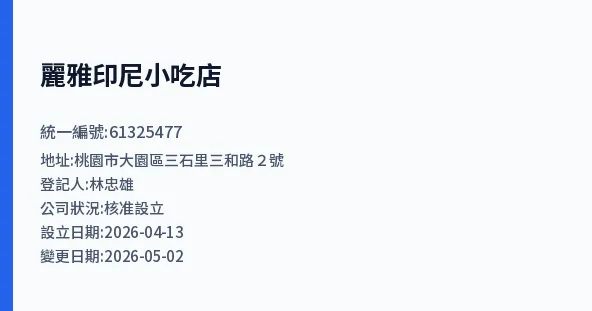 麗雅印尼小吃店的照片-統編 61325477(桃園市) 公司登記資料與營業項目詳細圖表