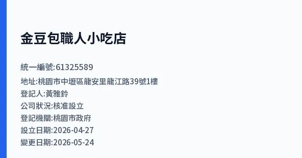 金豆包職人小吃店的照片-統編 61325589(桃園市) 公司登記資料與營業項目詳細圖表