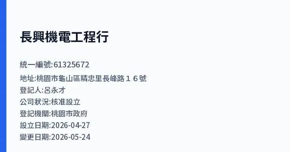 長興機電工程行的照片-統編 61325672(桃園市) 公司登記資料與營業項目詳細圖表