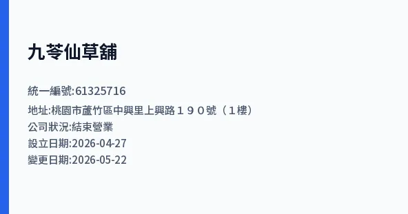 九苓仙草舖的照片-統編 61325716(桃園市) 公司登記資料與營業項目詳細圖表