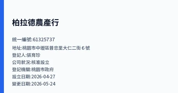 柏拉德農產行的照片-統編 61325737(桃園市) 公司登記資料與營業項目詳細圖表