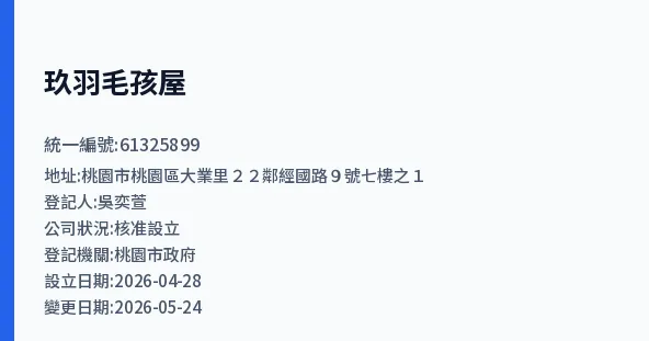 玖羽毛孩屋的照片-統編 61325899(桃園市) 公司登記資料與營業項目詳細圖表