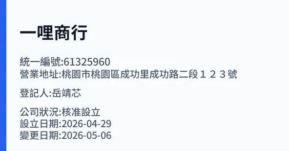 一哩商行的照片-統編 61325960(桃園市) 公司登記資料與營業項目詳細圖表