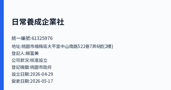 日常養成企業社的照片-統編 61325976(桃園市) 公司登記資料與營業項目詳細圖表