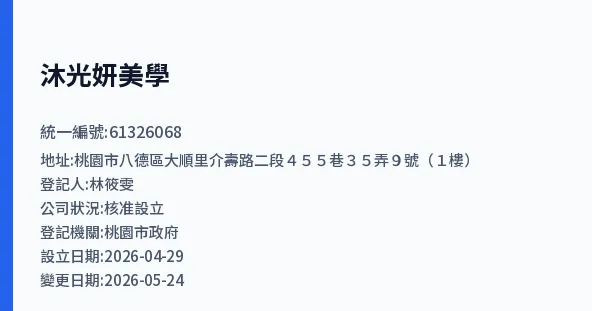 沐光妍美學的照片-統編 61326068(桃園市) 公司登記資料與營業項目詳細圖表