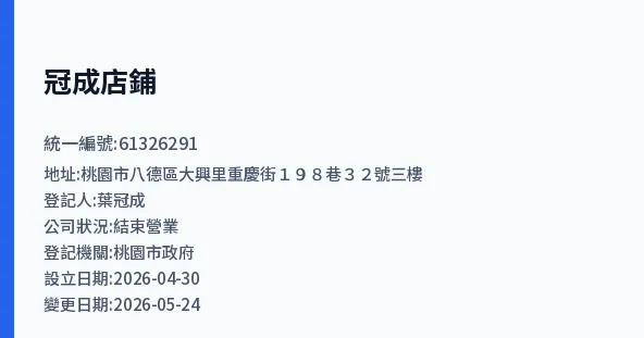 冠成店鋪的照片-統編 61326291(桃園市) 公司登記資料與營業項目詳細圖表