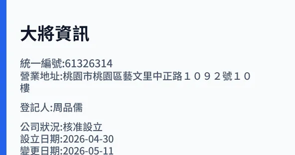 大將資訊的照片-統編 61326314(桃園市) 公司登記資料與營業項目詳細圖表