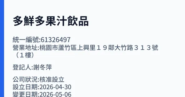 多鮮多果汁飲品的照片-統編 61326497(桃園市) 公司登記資料與營業項目詳細圖表
