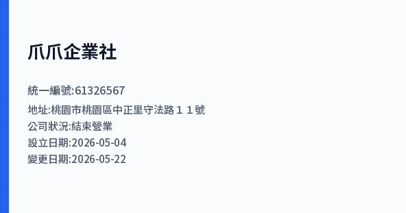 爪爪企業社的照片-統編 61326567(桃園市) 公司登記資料與營業項目詳細圖表
