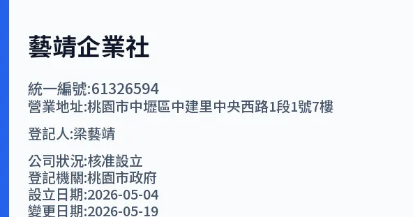 藝靖企業社的照片-統編 61326594(桃園市) 公司登記資料與營業項目詳細圖表