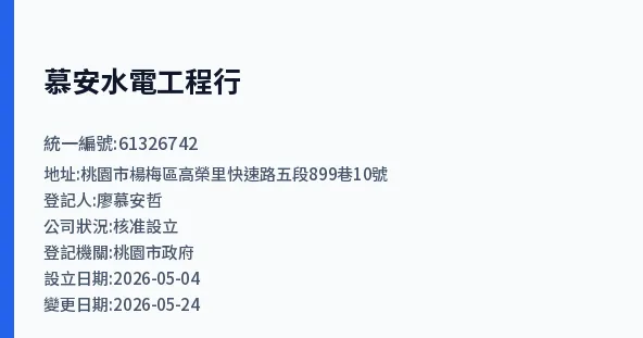 慕安水電工程行的照片-統編 61326742(桃園市) 公司登記資料與營業項目詳細圖表
