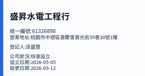 盛昇水電工程行的照片-統編 61326898(桃園市) 公司登記資料與營業項目詳細圖表