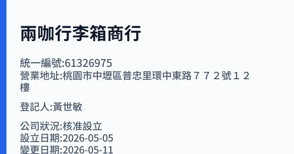 兩咖行李箱商行的照片-統編 61326975(桃園市) 公司登記資料與營業項目詳細圖表