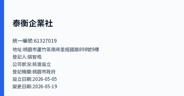 泰衡企業社的照片-統編 61327019(桃園市) 公司登記資料與營業項目詳細圖表