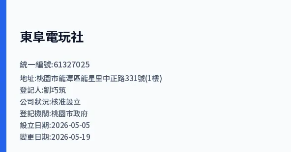 東阜電玩社的照片-統編 61327025(桃園市) 公司登記資料與營業項目詳細圖表