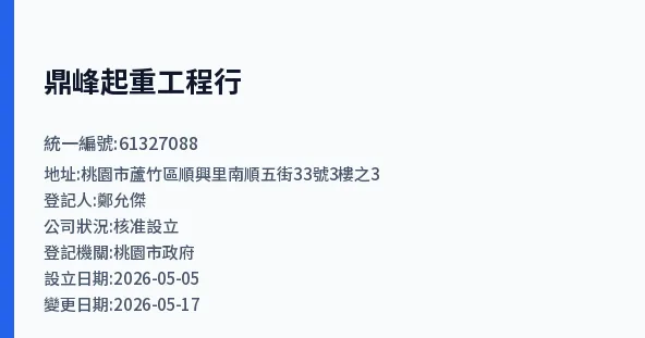 鼎峰起重工程行的照片-統編 61327088(桃園市) 公司登記資料與營業項目詳細圖表