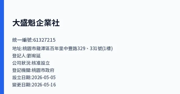 大盛魁企業社的照片-統編 61327215(桃園市) 公司登記資料與營業項目詳細圖表