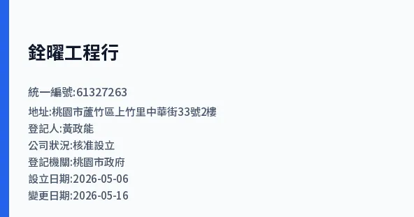銓曜工程行的照片-統編 61327263(桃園市) 公司登記資料與營業項目詳細圖表